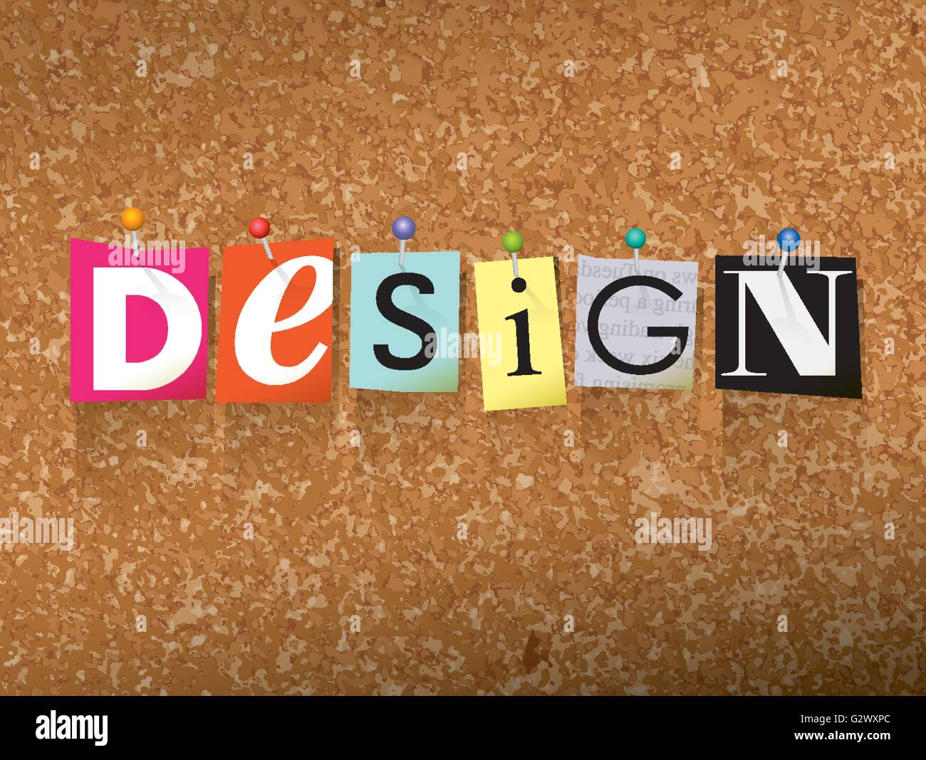 The word "DESIGN" written in cut ransom note style paper letters and ...