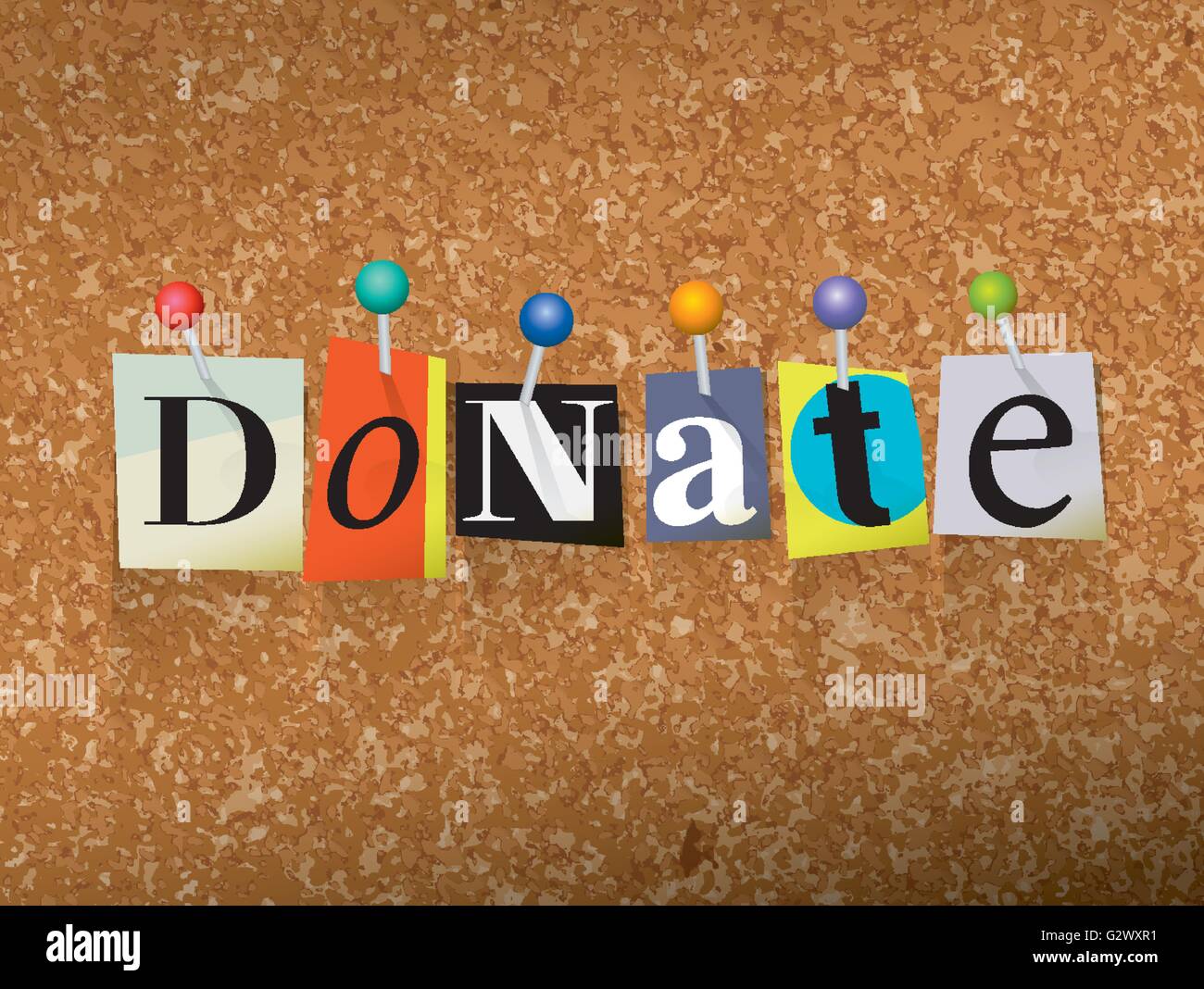 The word "DONATE" written in cut ransom note style paper letters and ...