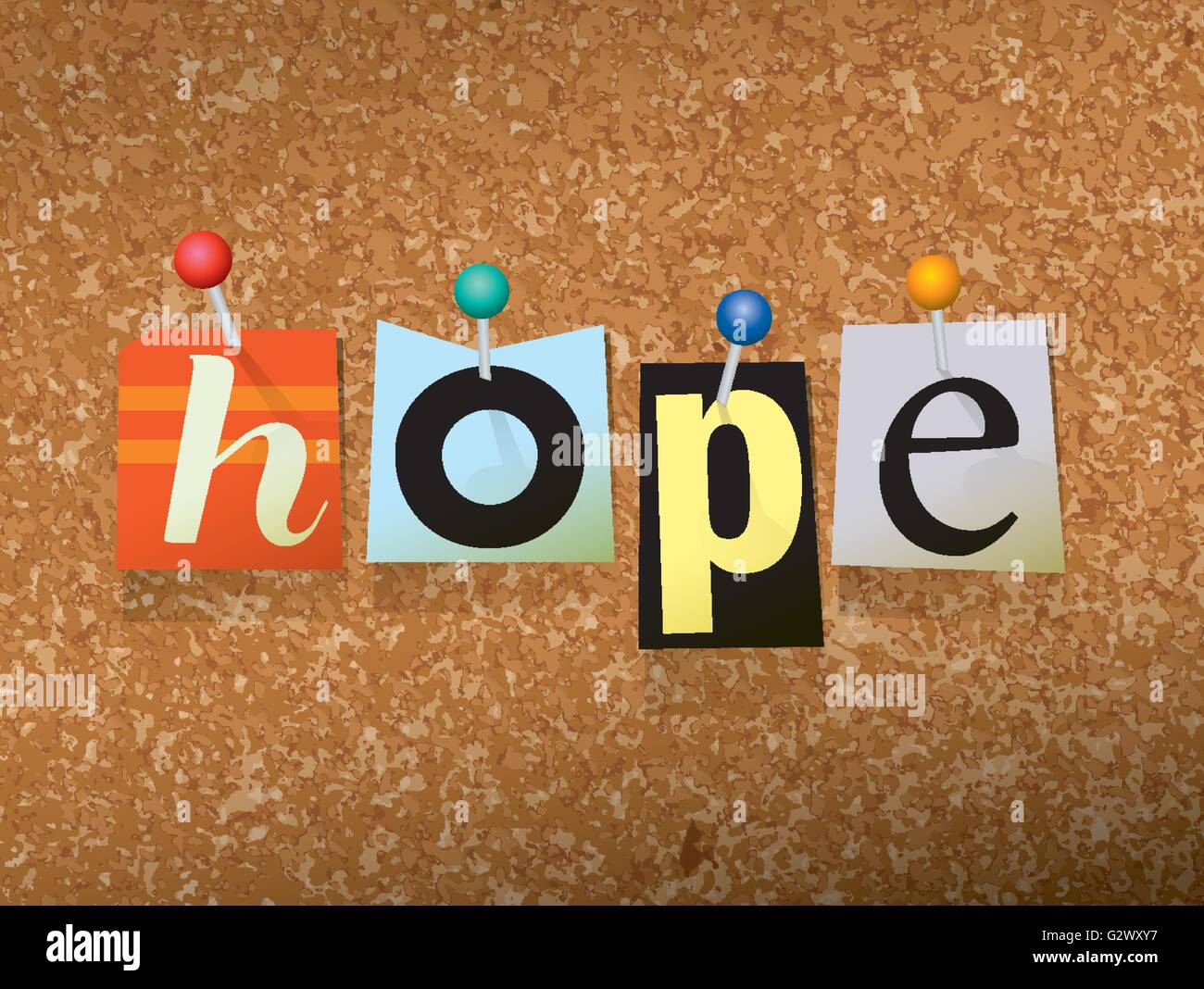 The word "HOPE" written in cut ransom note style paper letters and ...