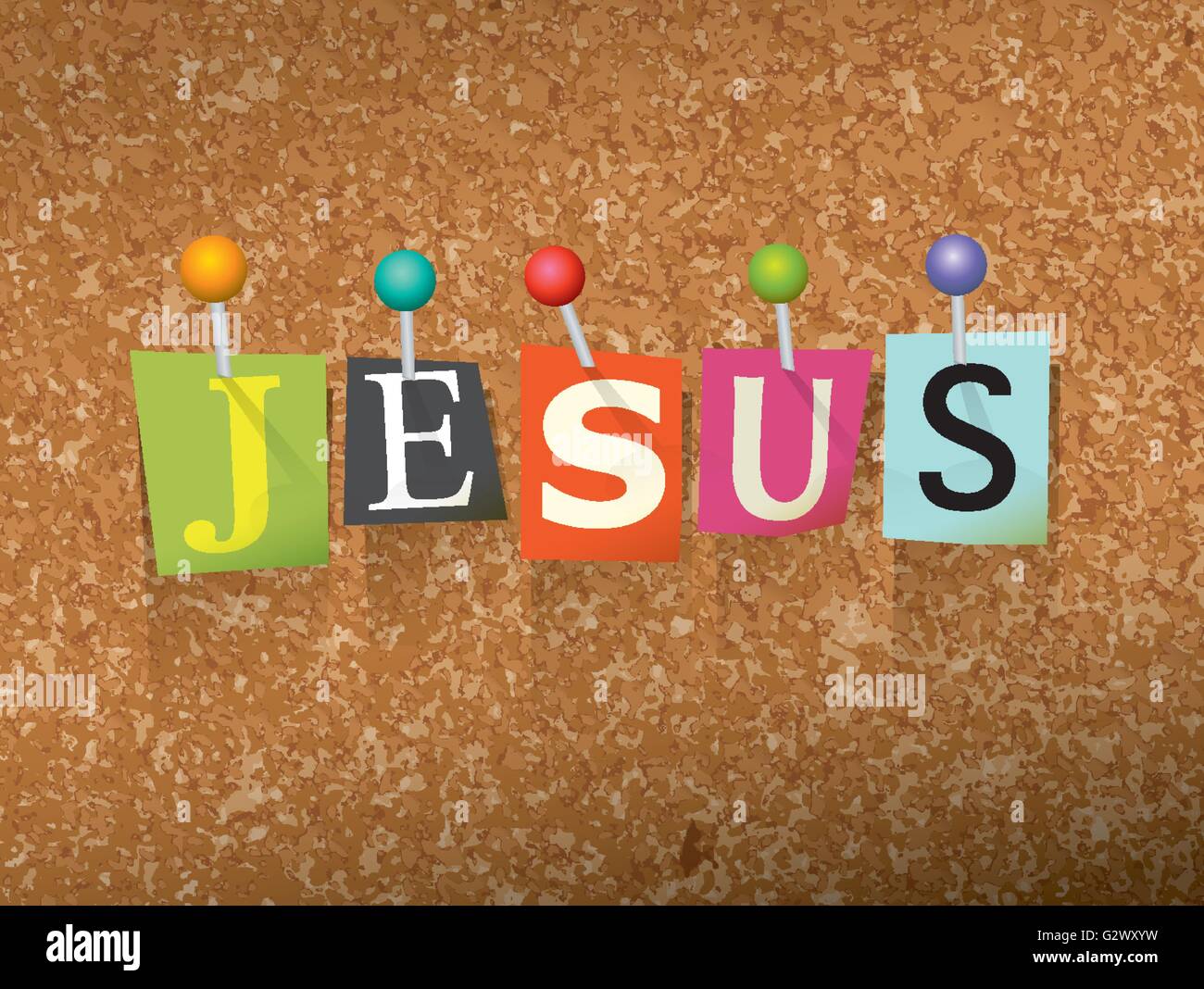 The name "JESUS" written in cut ransom note style paper letters and ...