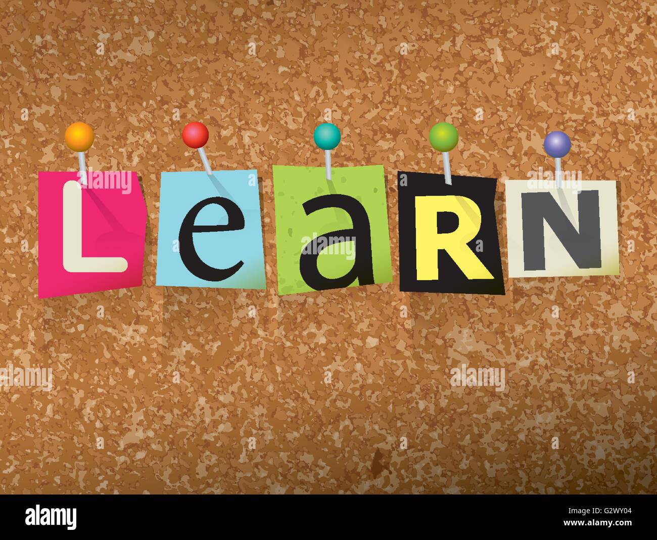 The word "LEARN" written in cut ransom note style paper letters and ...