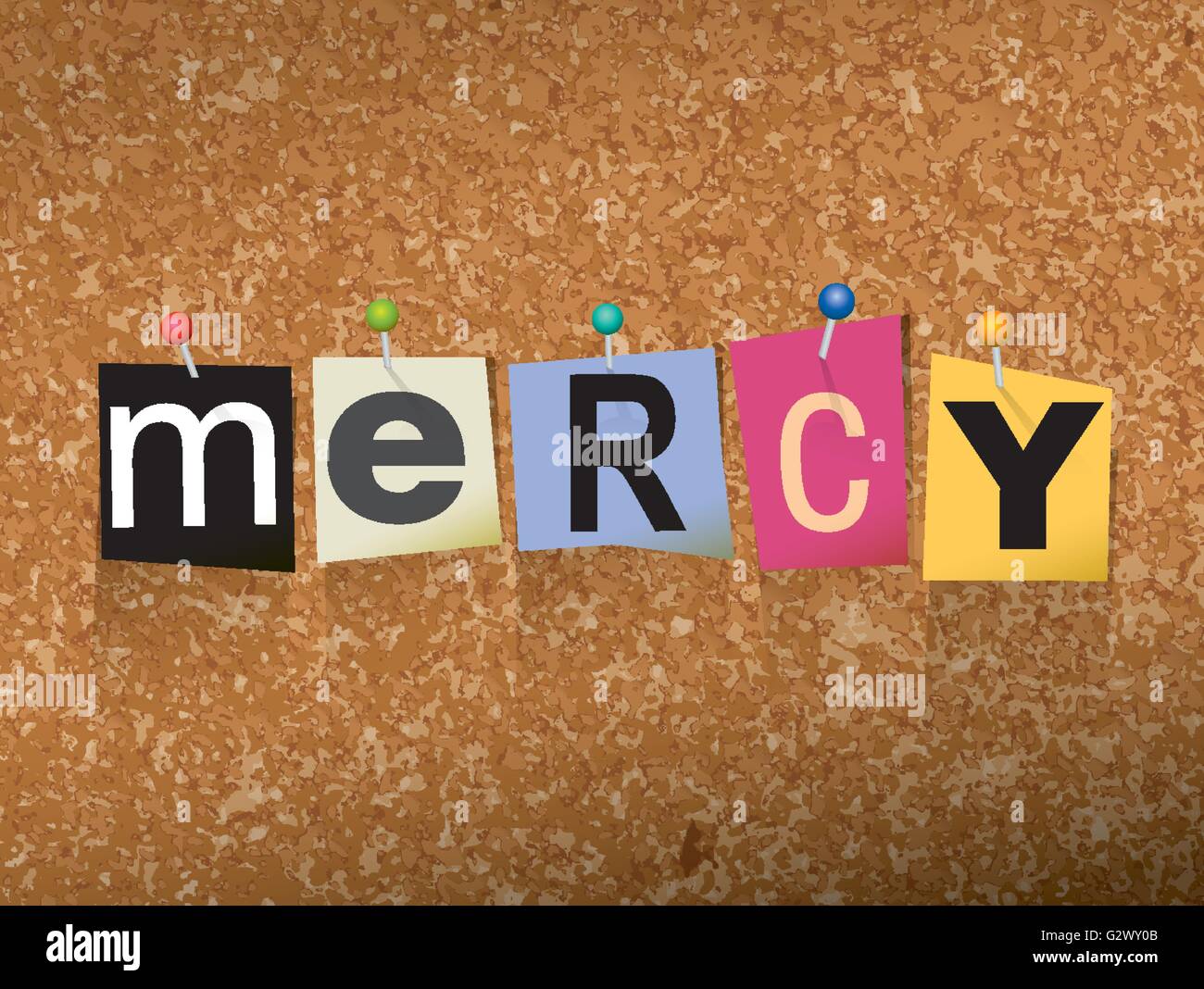 The word "MERCY" written in cut ransom note style paper letters and ...