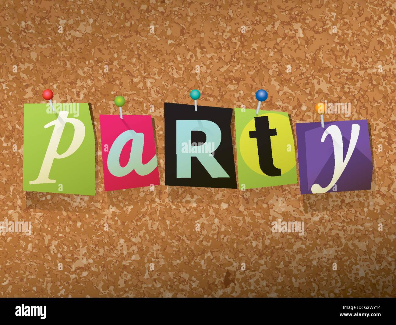The word "PARTY" written in cut ransom note style paper letters and ...