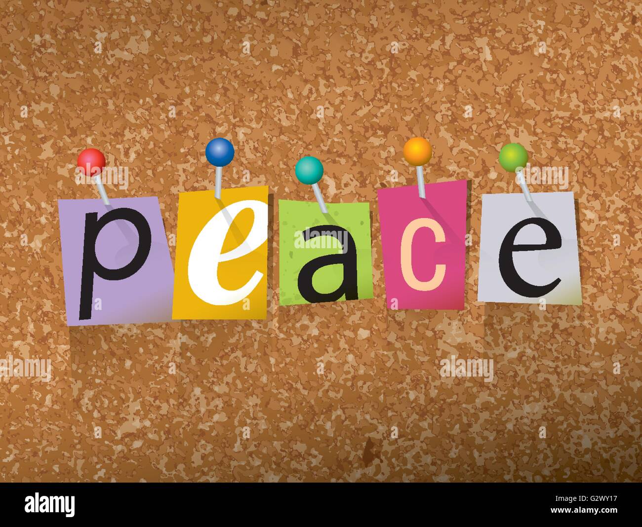 The word "PEACE" written in cut ransom note style paper letters and ...