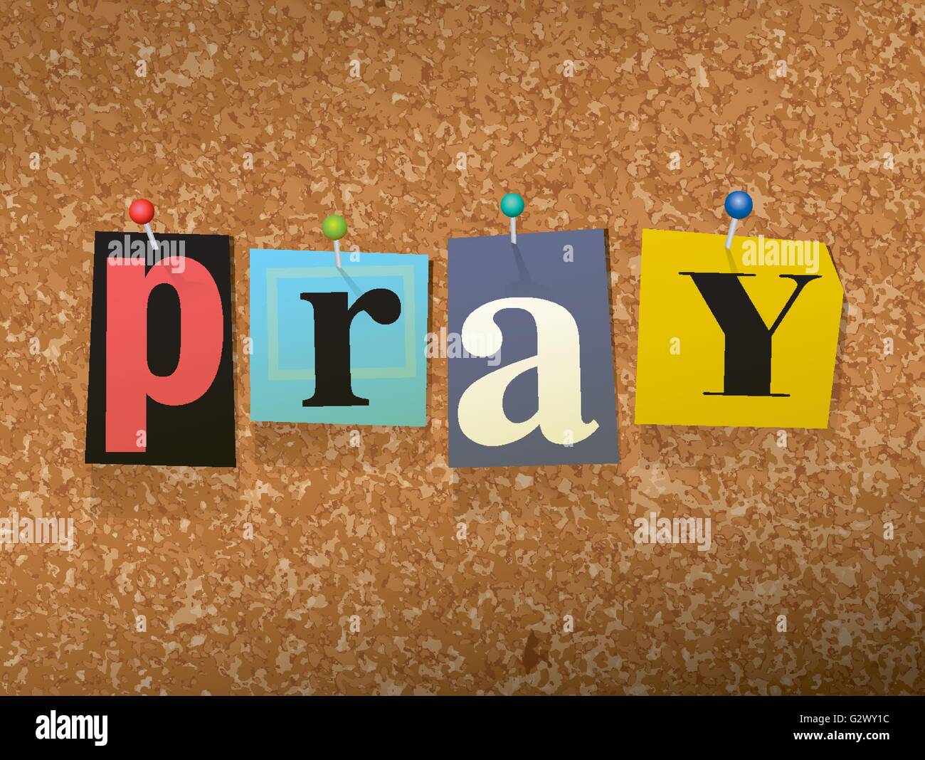 The word "PRAY" written in cut ransom note style paper letters and ...