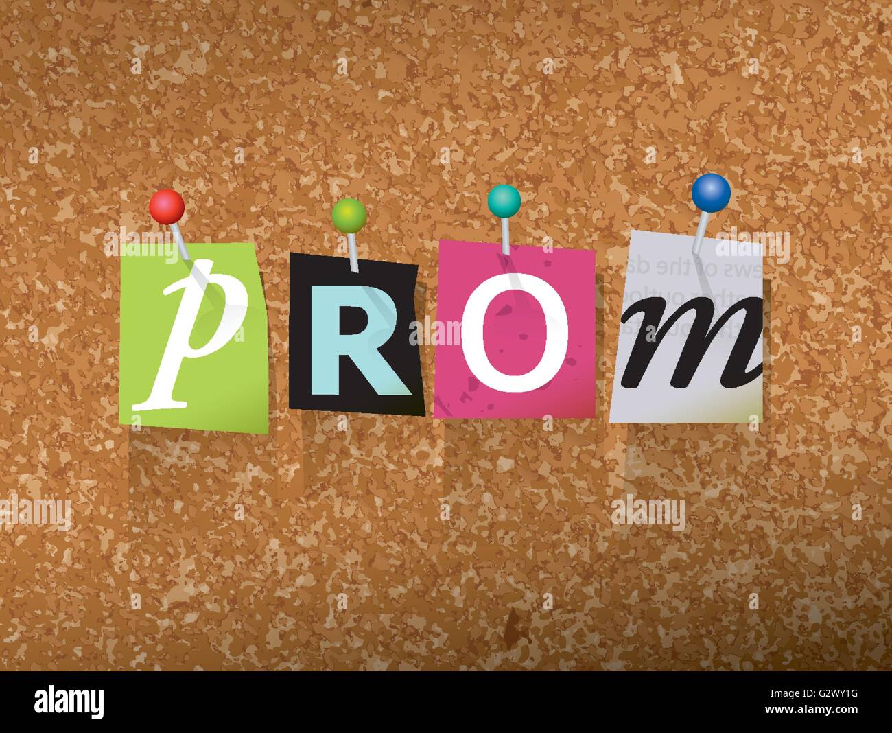 The word "PROM" written in cut ransom note style paper letters and ...