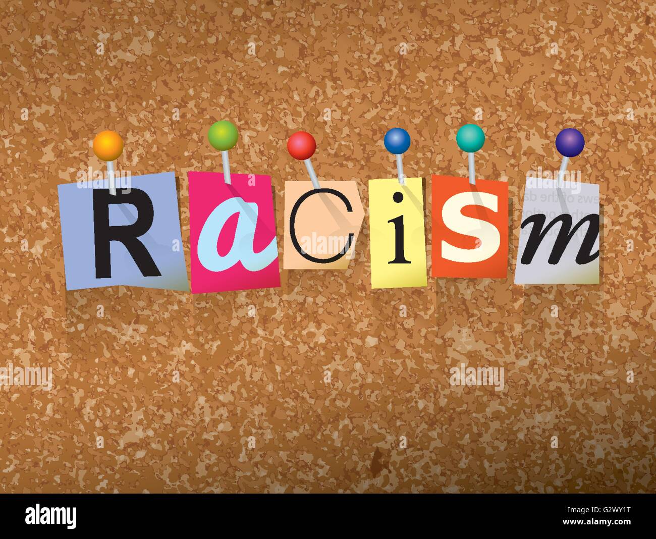 The word "RACISM" written in cut letters and pinned to a cork bulletin ...