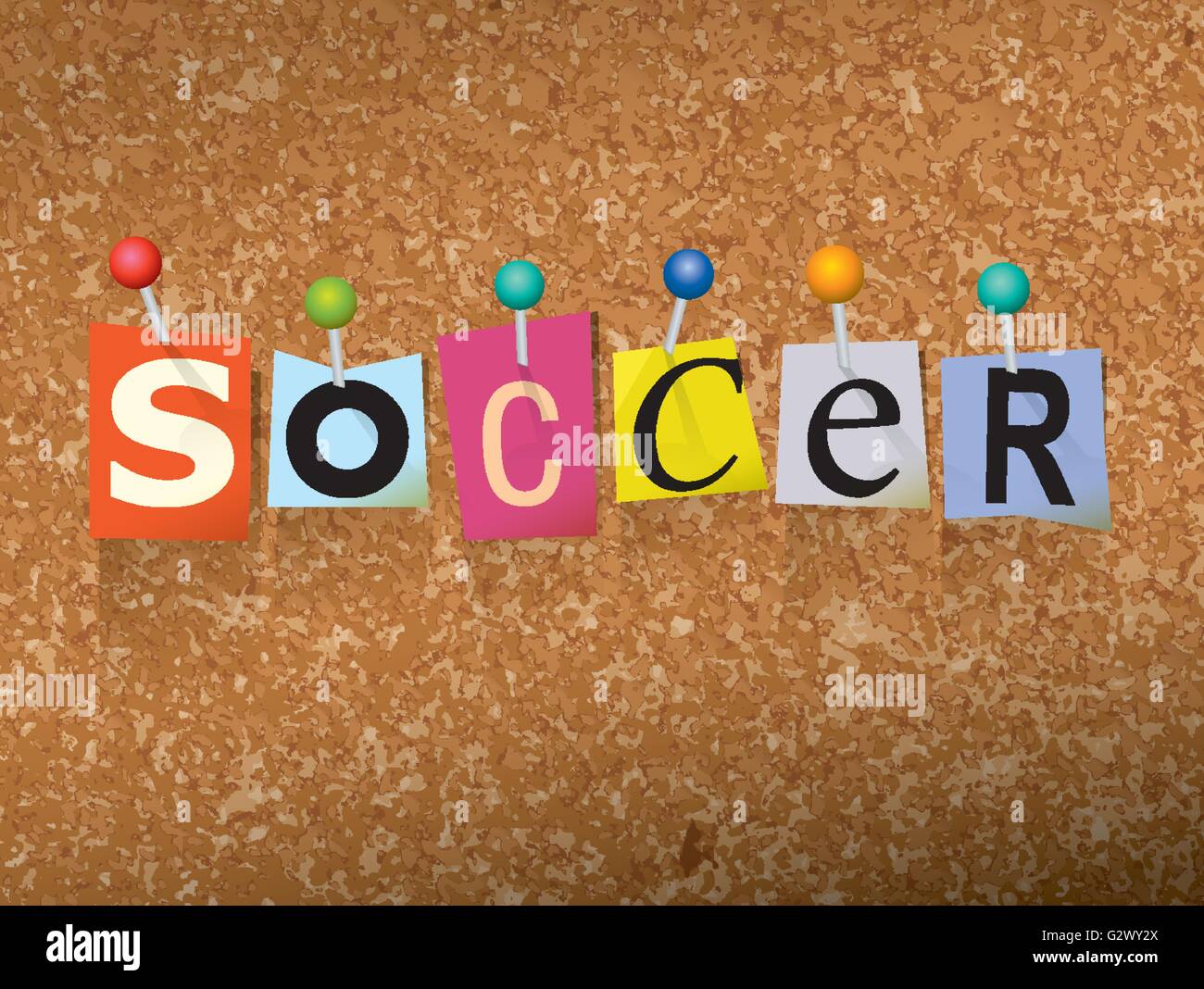 The word "SOCCER" written in cut letters and pinned to a cork bulletin ...