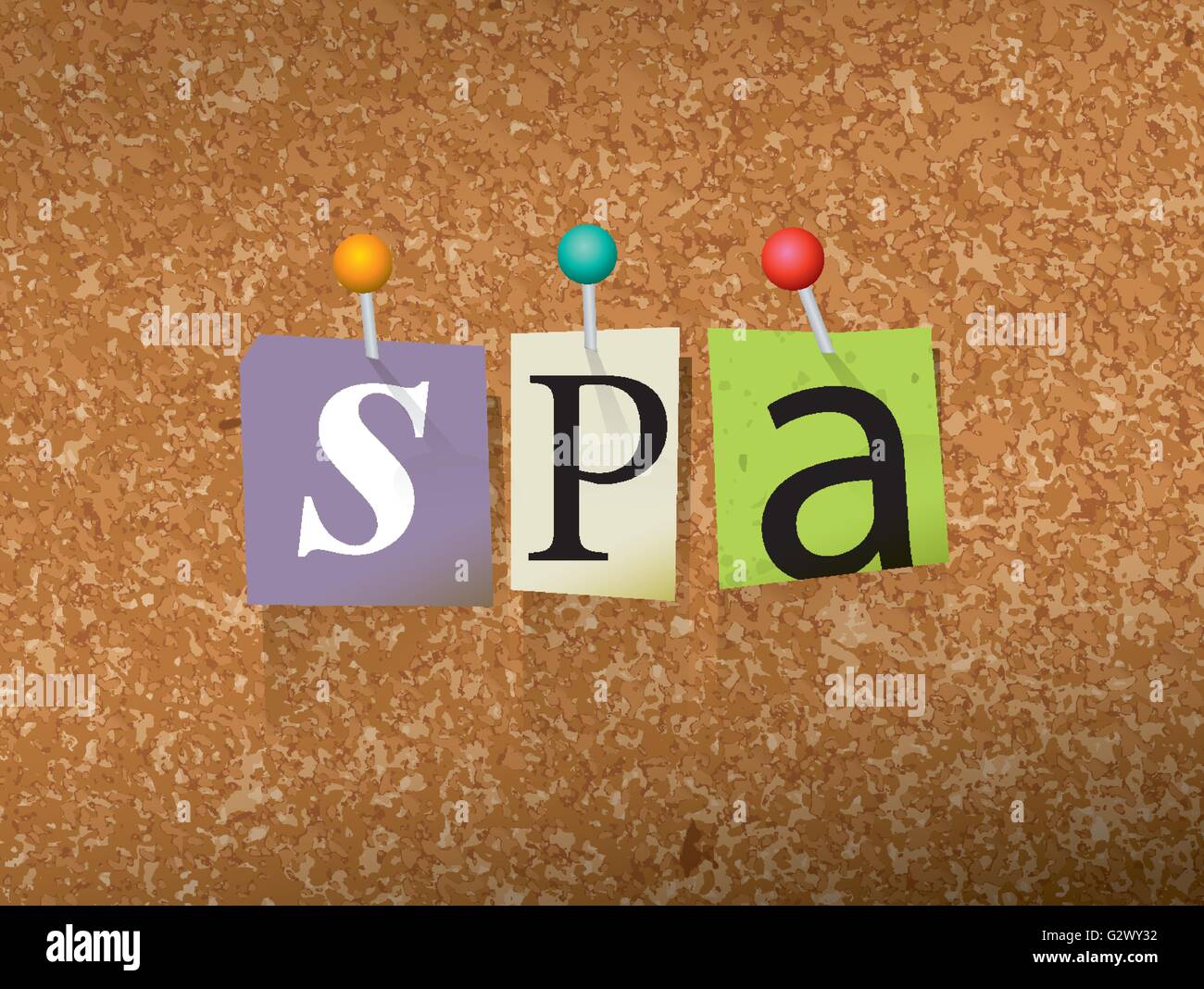 The word "SPA" written in cut ransom note style paper letters and ...