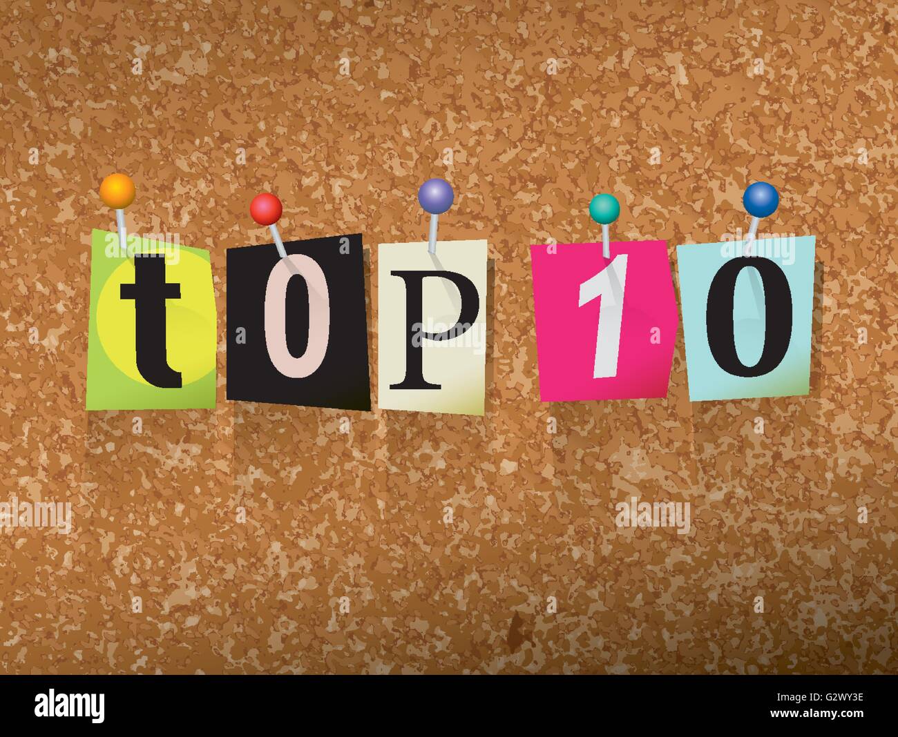 The words "TOP 10" written in cut ransom note style paper letters and ...