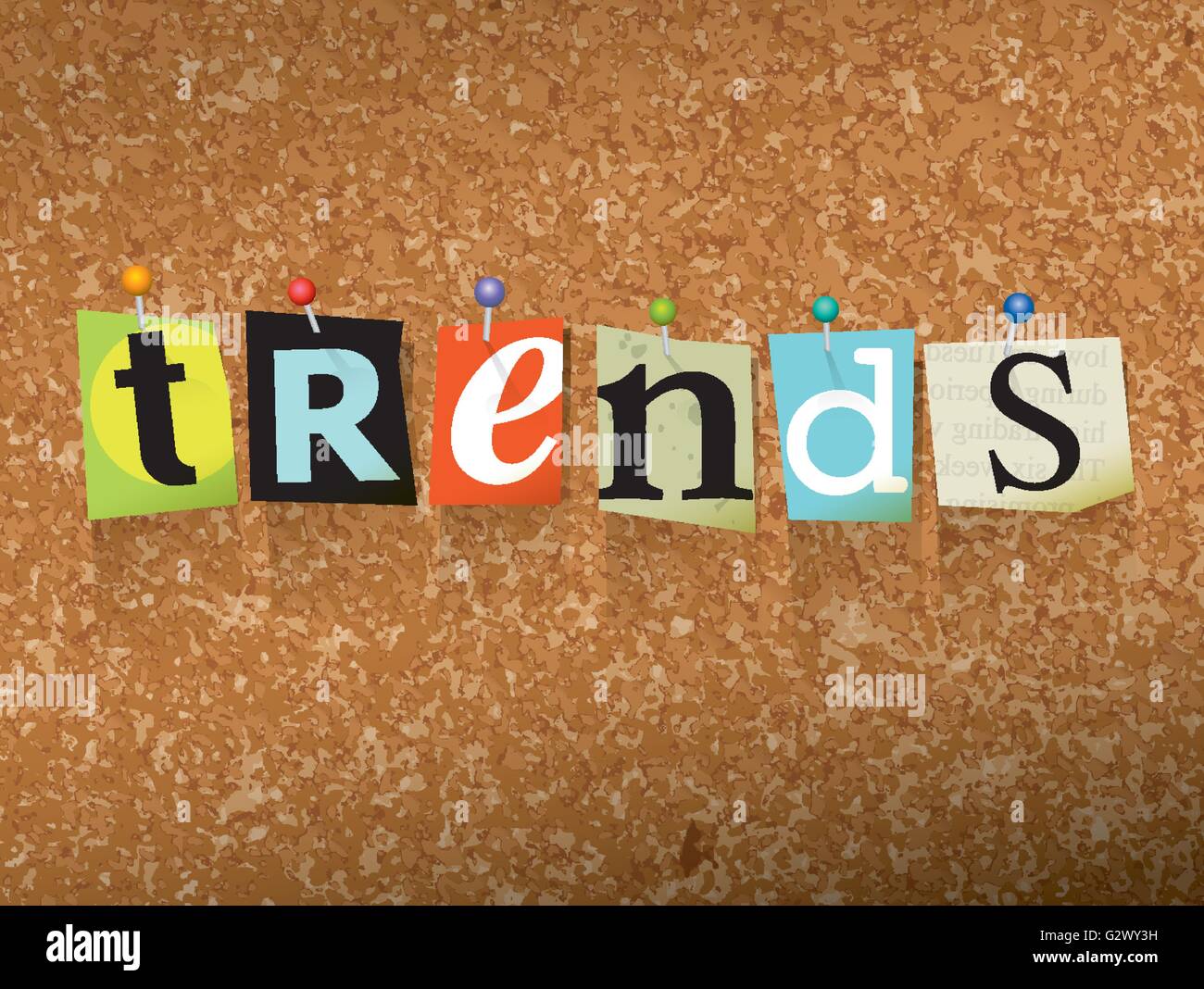 The word "TRENDS" written in cut ransom note style paper letters and ...