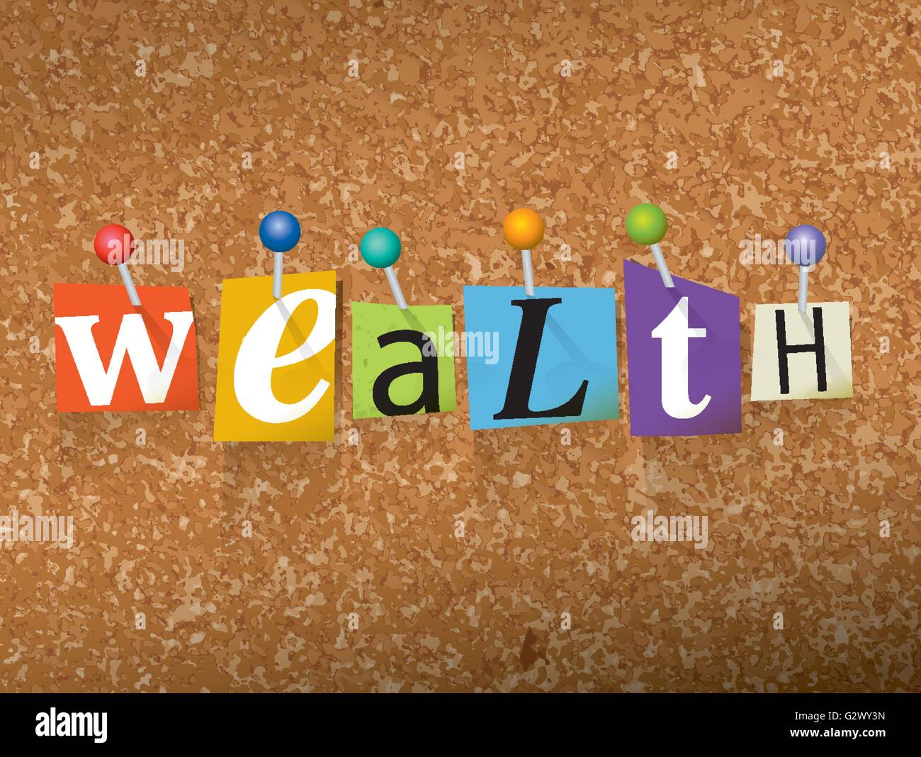 The word "WEALTH" written in cut ransom note style paper letters and ...