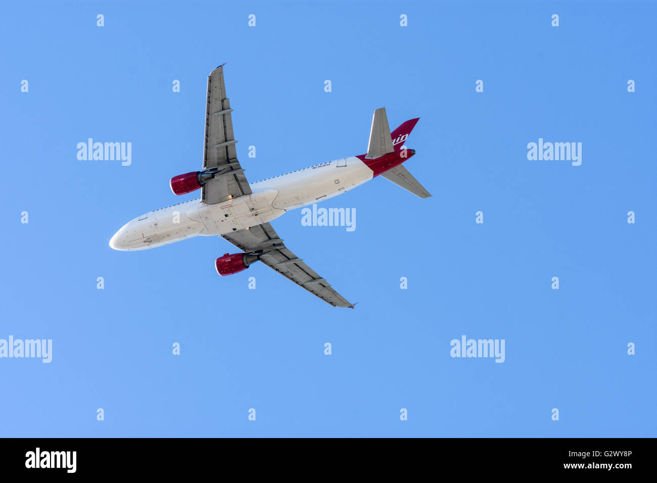 Virgin America Airbus A320 plane flying directly overhead Stock Photo ...