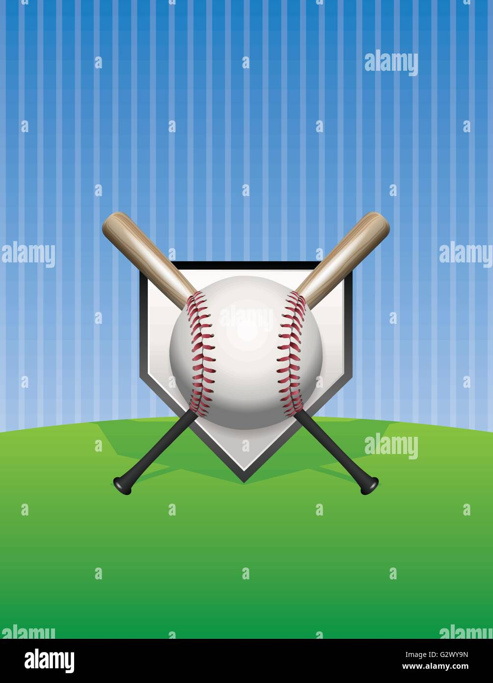 An illustration of a baseball, bats, and home plate against a pin ...