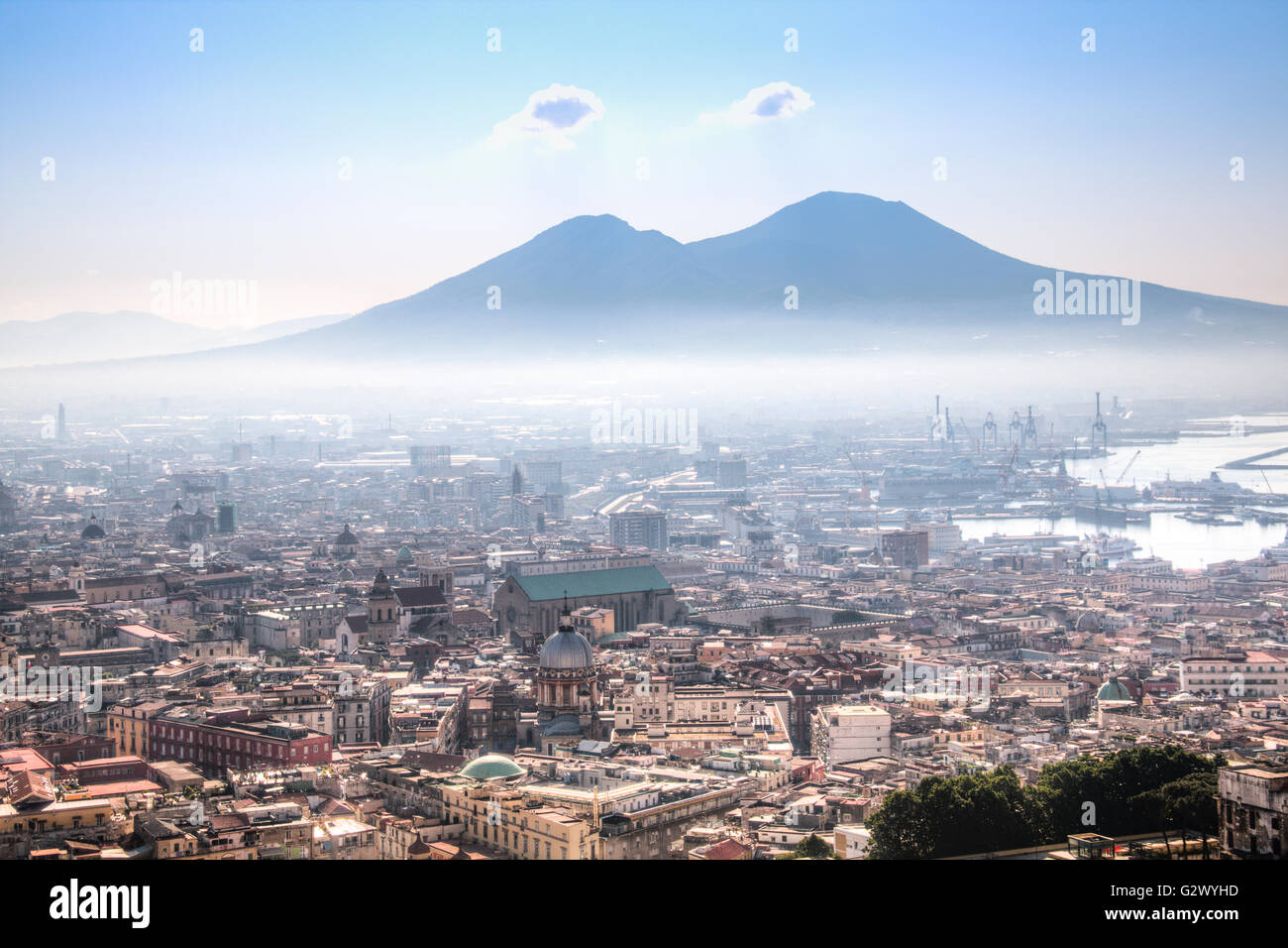 Panoramic view over the city of Naples in Italy with the Visuvius ...