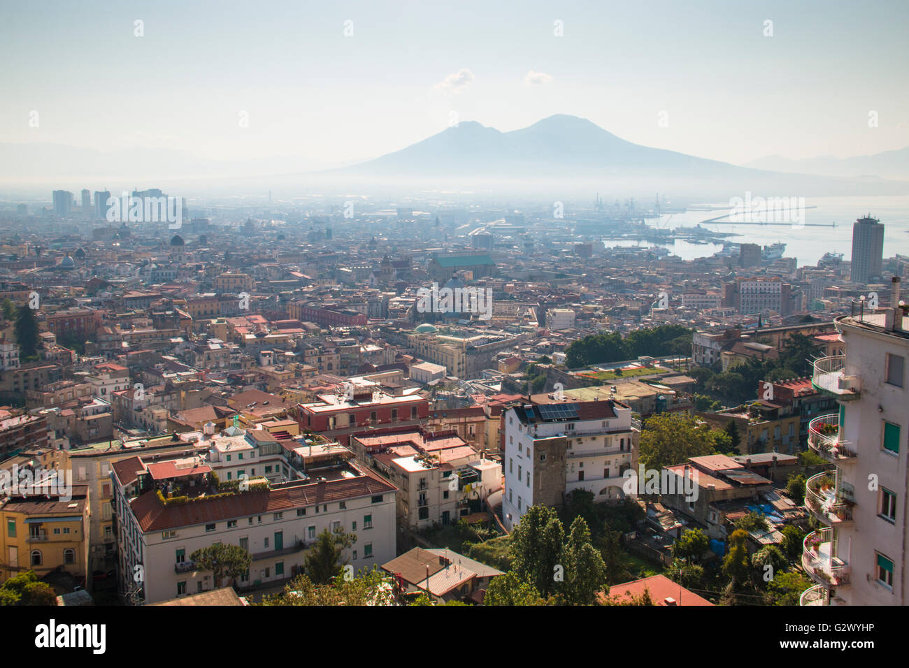 Panoramic view over the city of Naples in Italy with the Visuvius ...