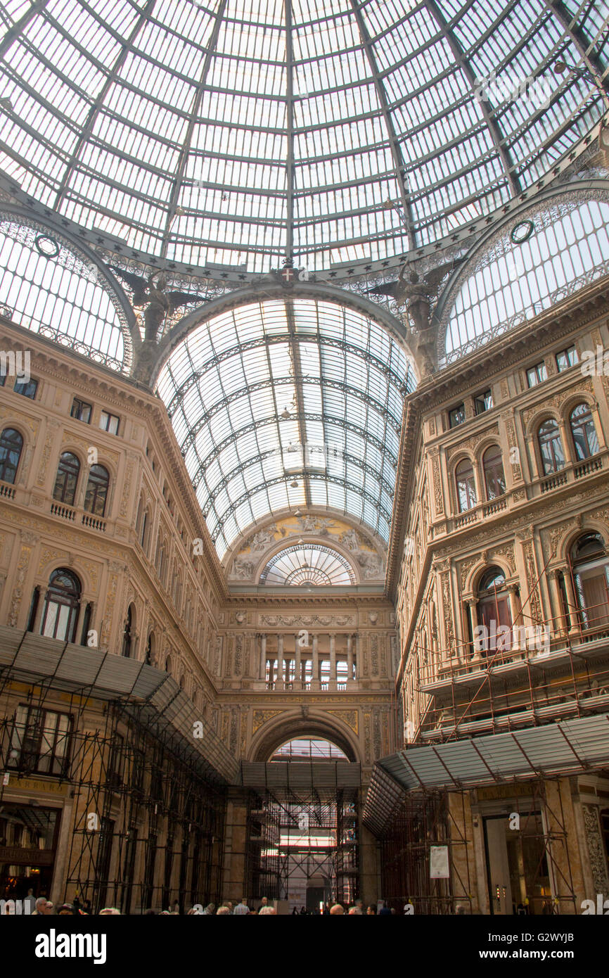 Inside the beautiful Umberto gallery with glass dome in Naples in Italy ...