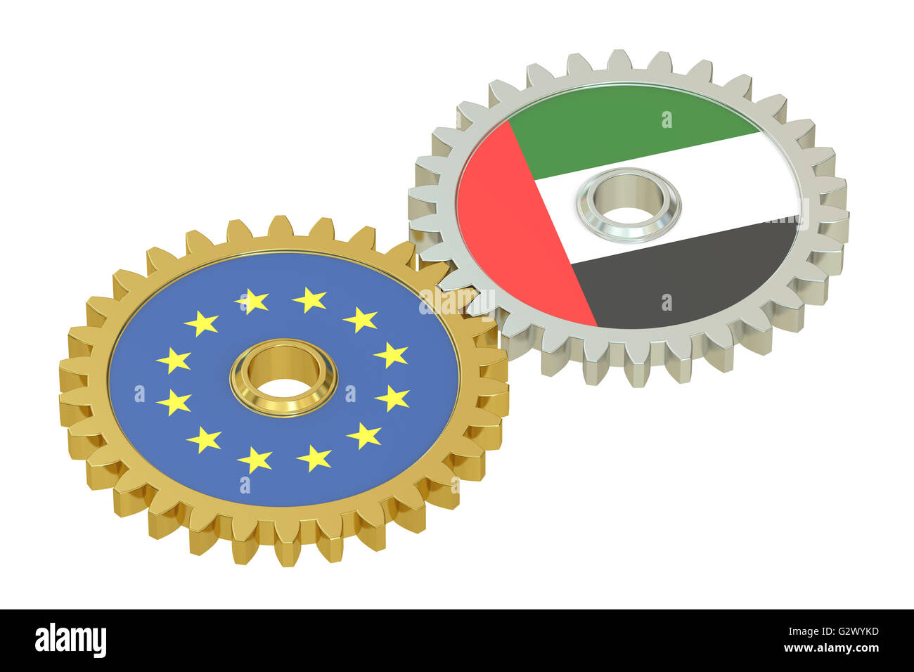 EU and UAE relations concept, flags on a gears. 3D rendering isolated ...