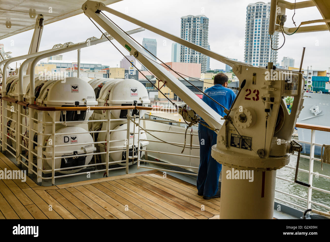 Containers of life rafts secured on the deck of a cruise ship. Tampa ...