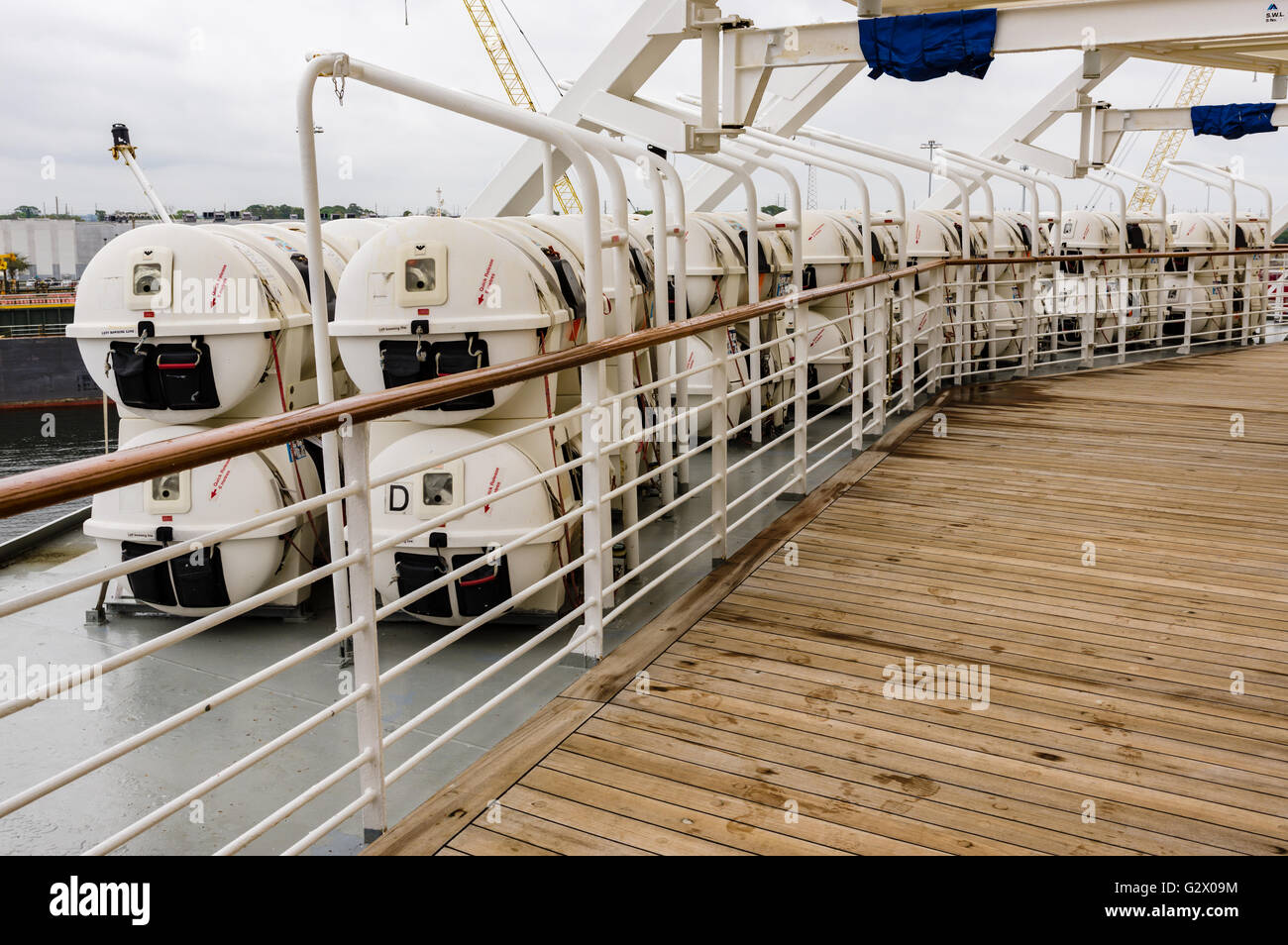 Containers of life rafts secured on the deck of a cruise ship. Tampa ...