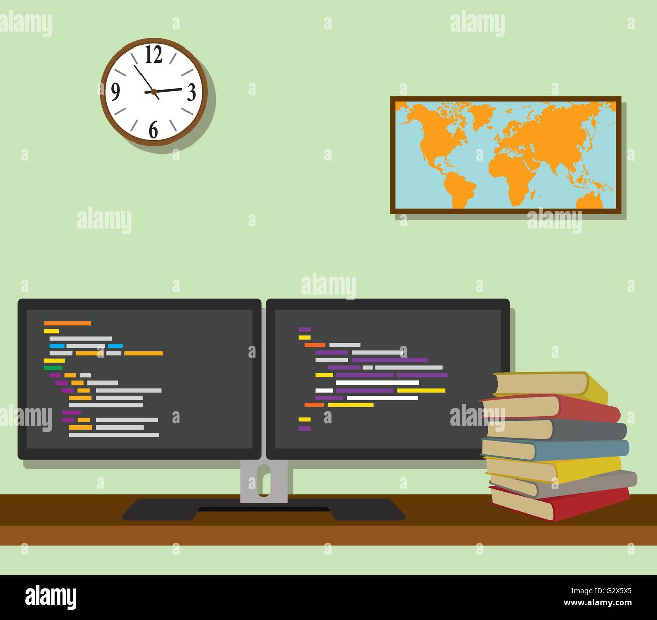double monitor with code program programming on top of the desk vector graphic Stock Vector ...