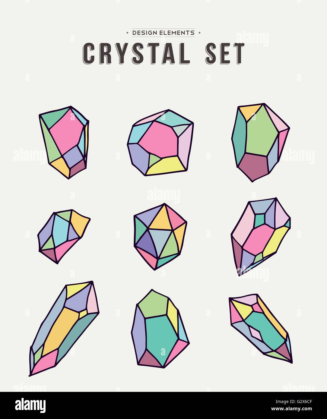 Set of 80s style colorful crystal mineral stones drawn elements in soft ...