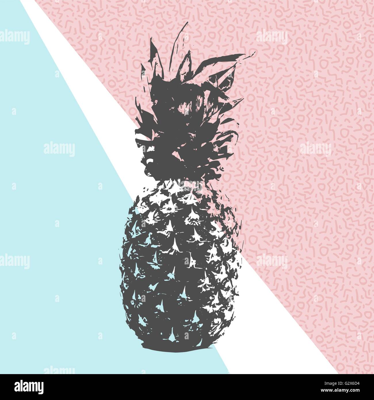 Retro 80s summer concept illustration of pineapple fruit black and ...