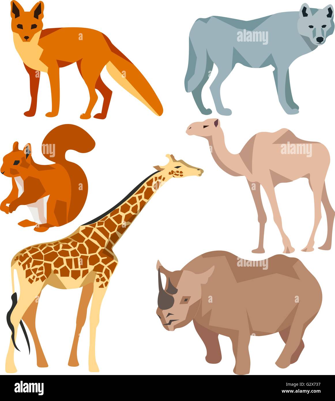 Set Isolated different animals fox, wolf, giraffe, protein, camel ...