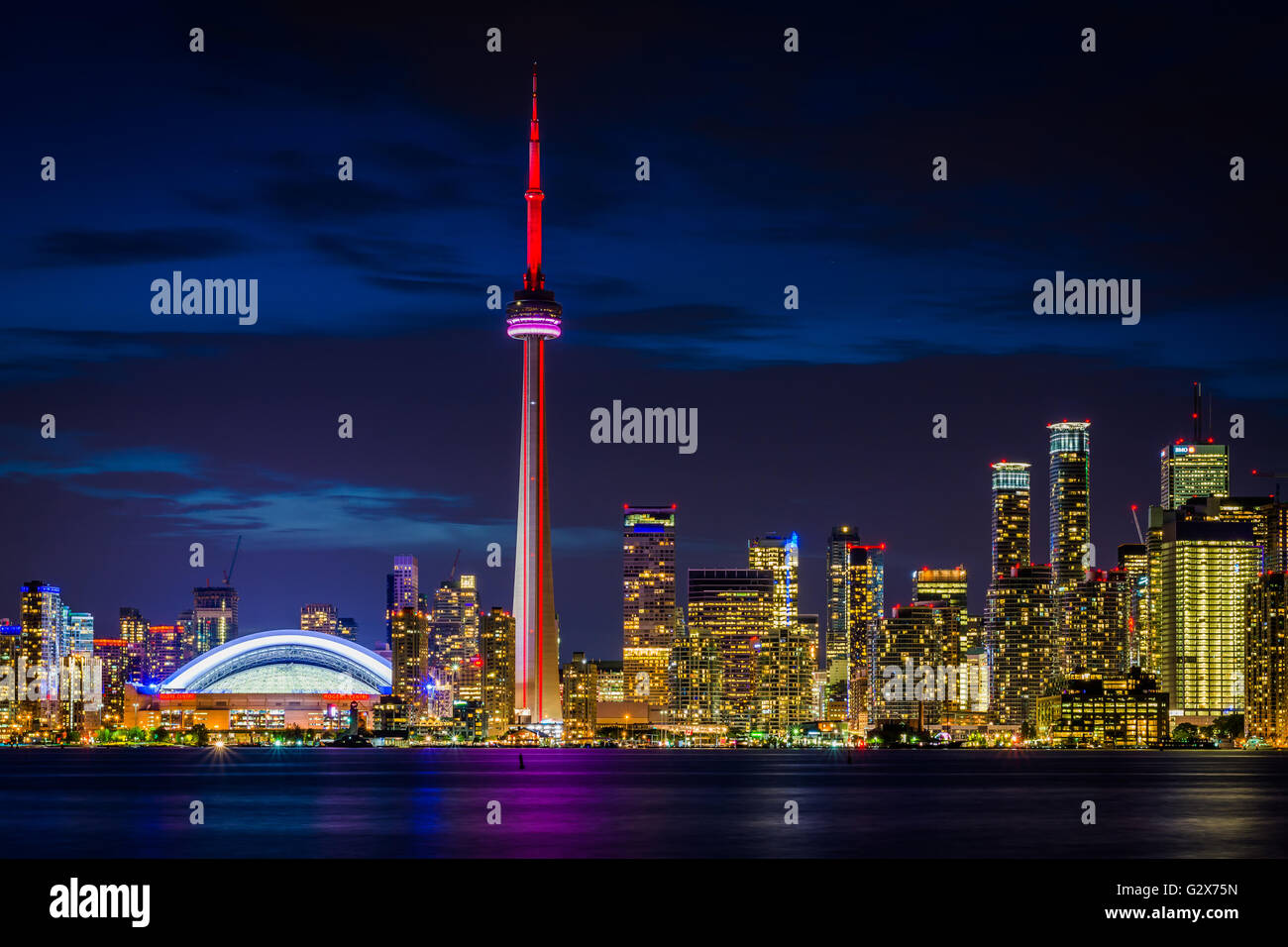 View of the downtown skyline at night, from Centre Island, in Toronto ...