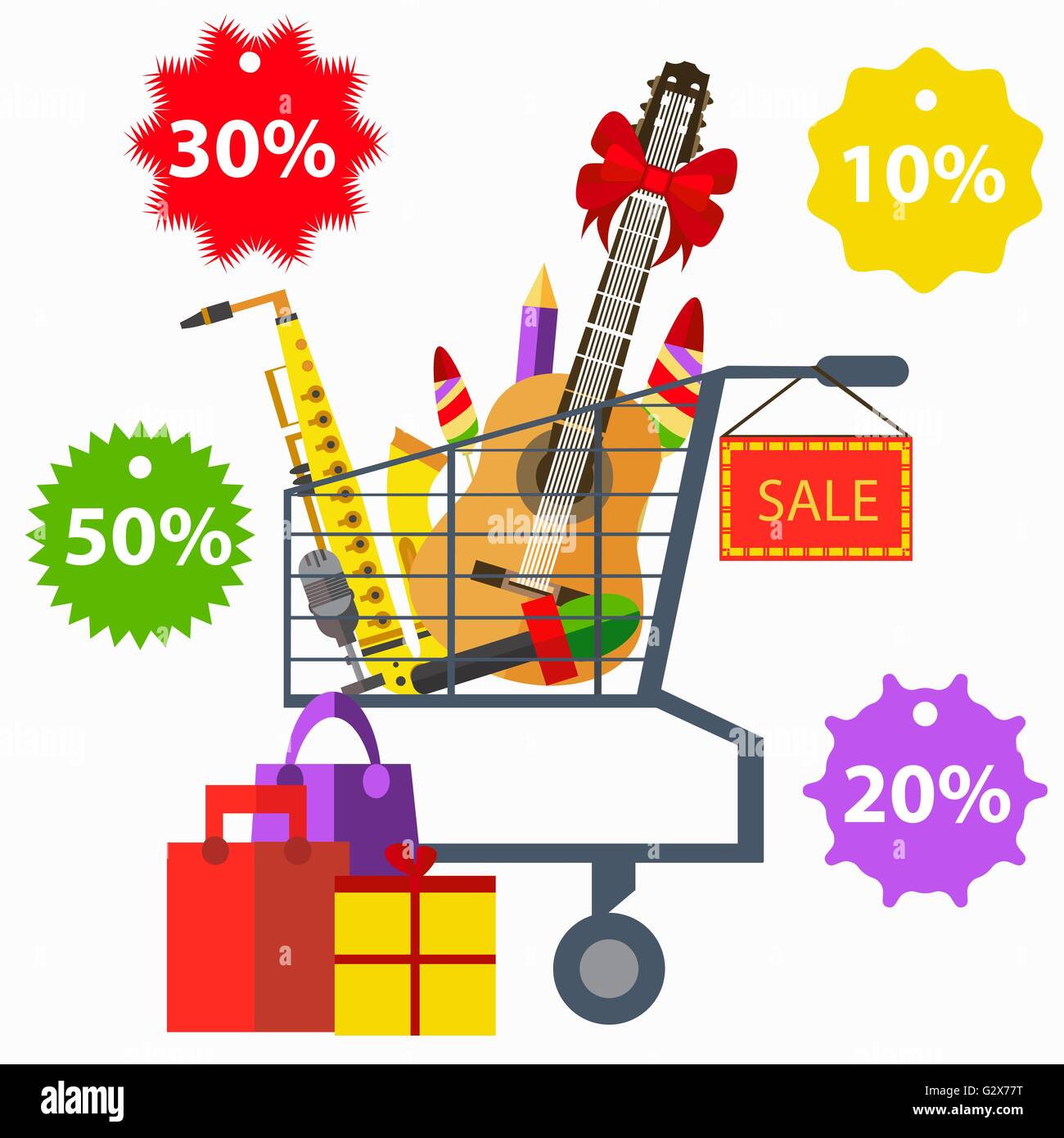 Sale of musical instruments guitar, trumpet, label Stock Vector Image ...