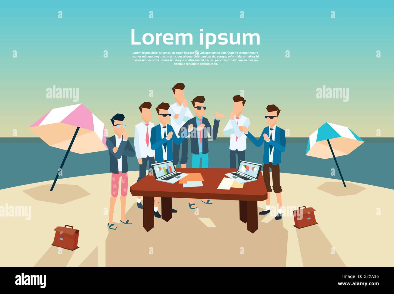 Business People Group Office Desk Working Beach Summer Stock Vector ...