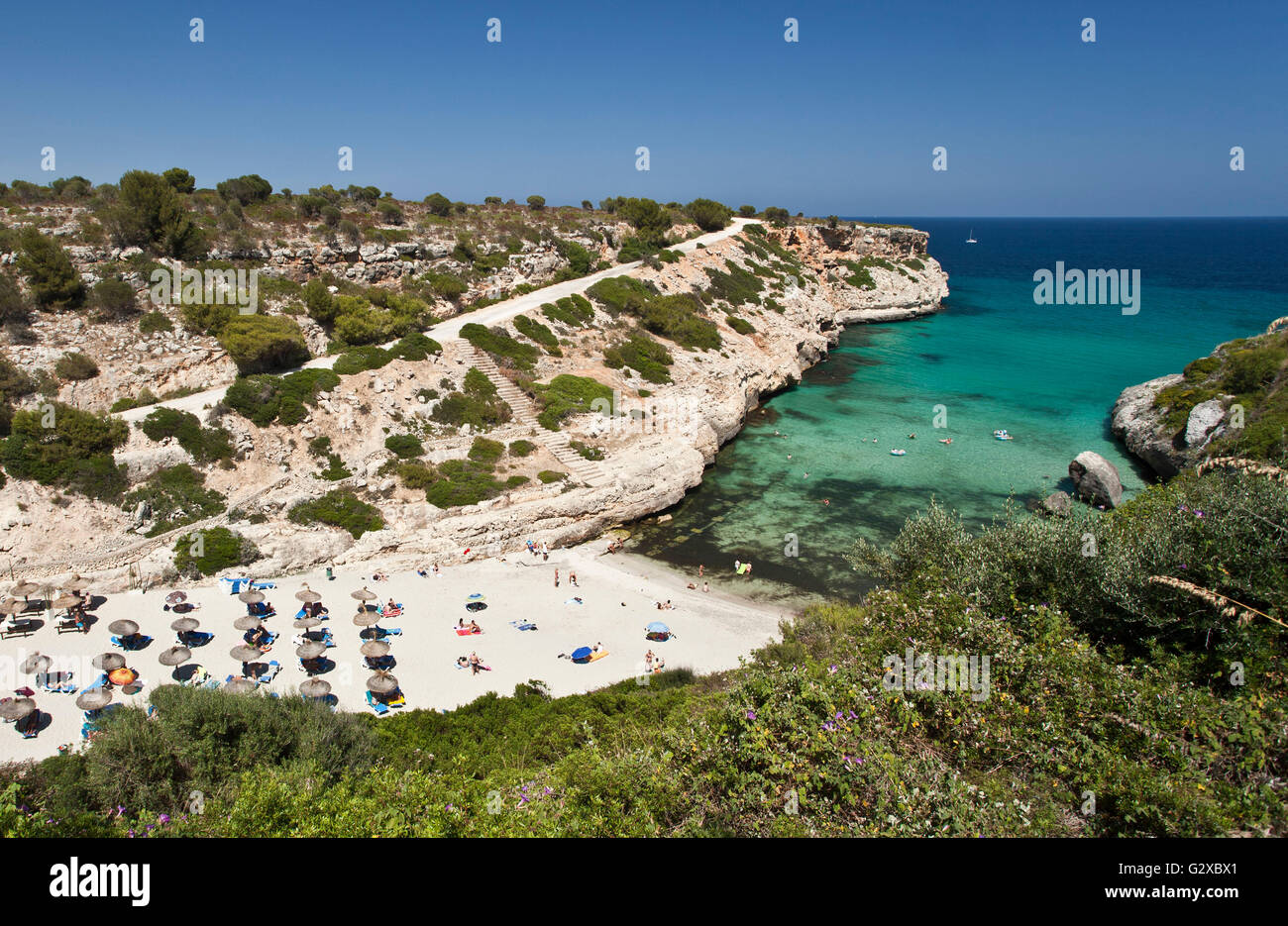 Sandy beach at a bay, Cala Antena, Mallorca, Majorca, Balearic Islands ...