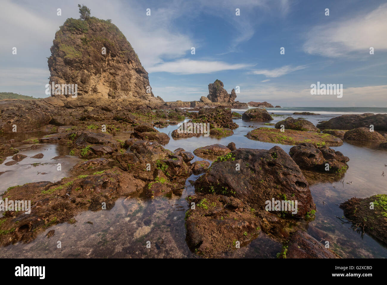 Seacapes of Yogyakarta Beaches with natural coastal rocks and motion ...