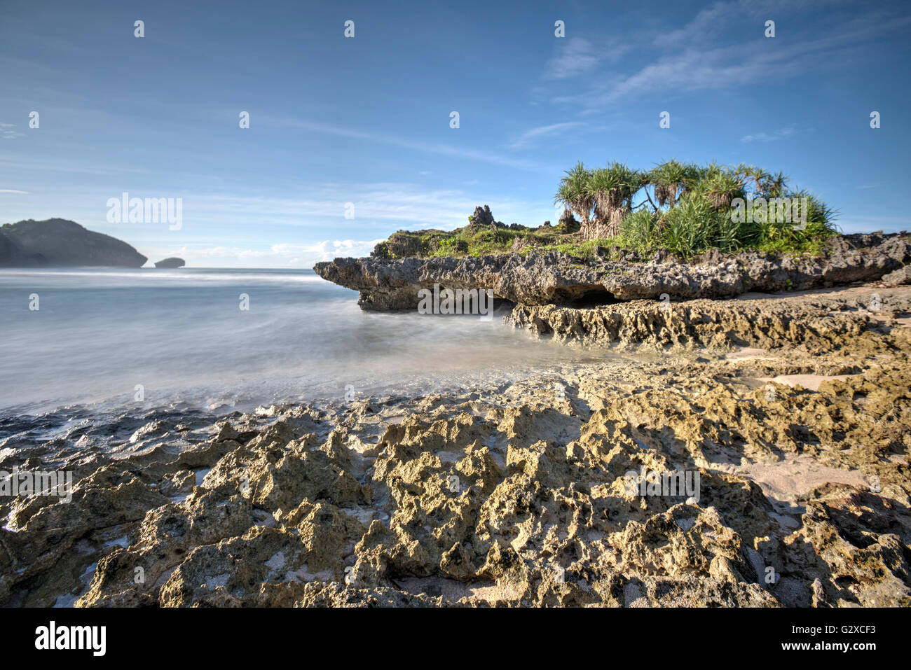 Seacapes of Yogyakarta Beaches with natural coastal rocks and motion ...