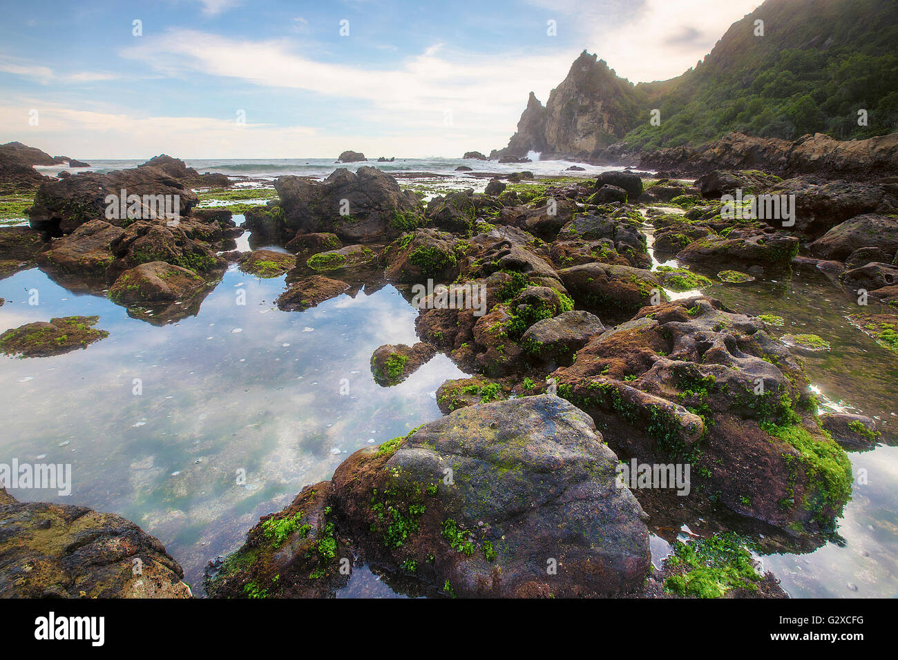 Seacapes of Yogyakarta Beaches with natural coastal rocks and motion ...