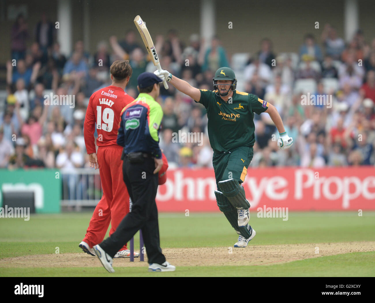 Nottinghamshire Outlaws' Luke Fletcher celebrates scoring the winning ...