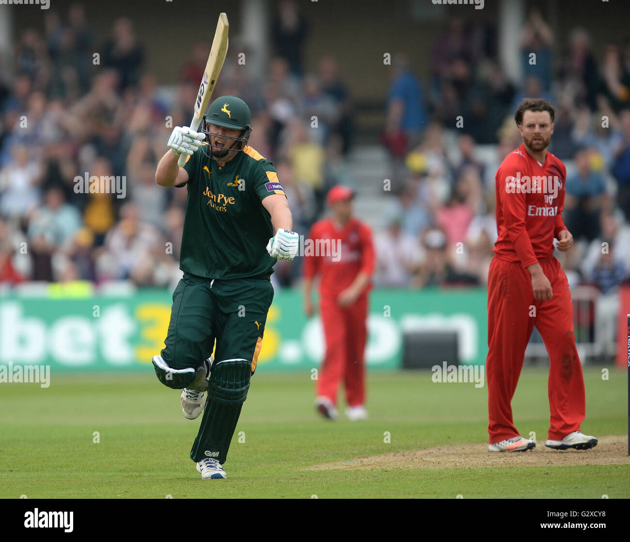Nottinghamshire Outlaws' Luke Fletcher celebrates scoring the winning ...