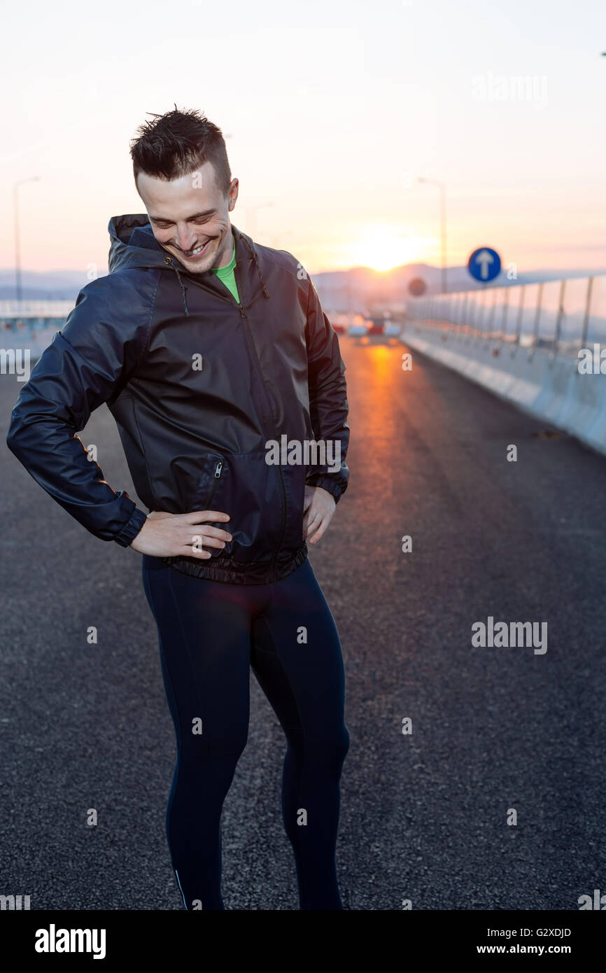 Sporsmen preparing to run. Athlete preparing for cross-country. Morning ...