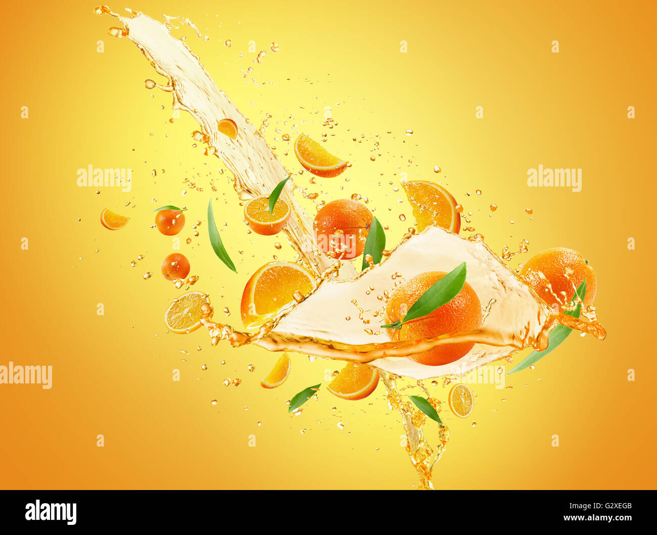 orange juice splash on the orange background Stock Photo - Alamy