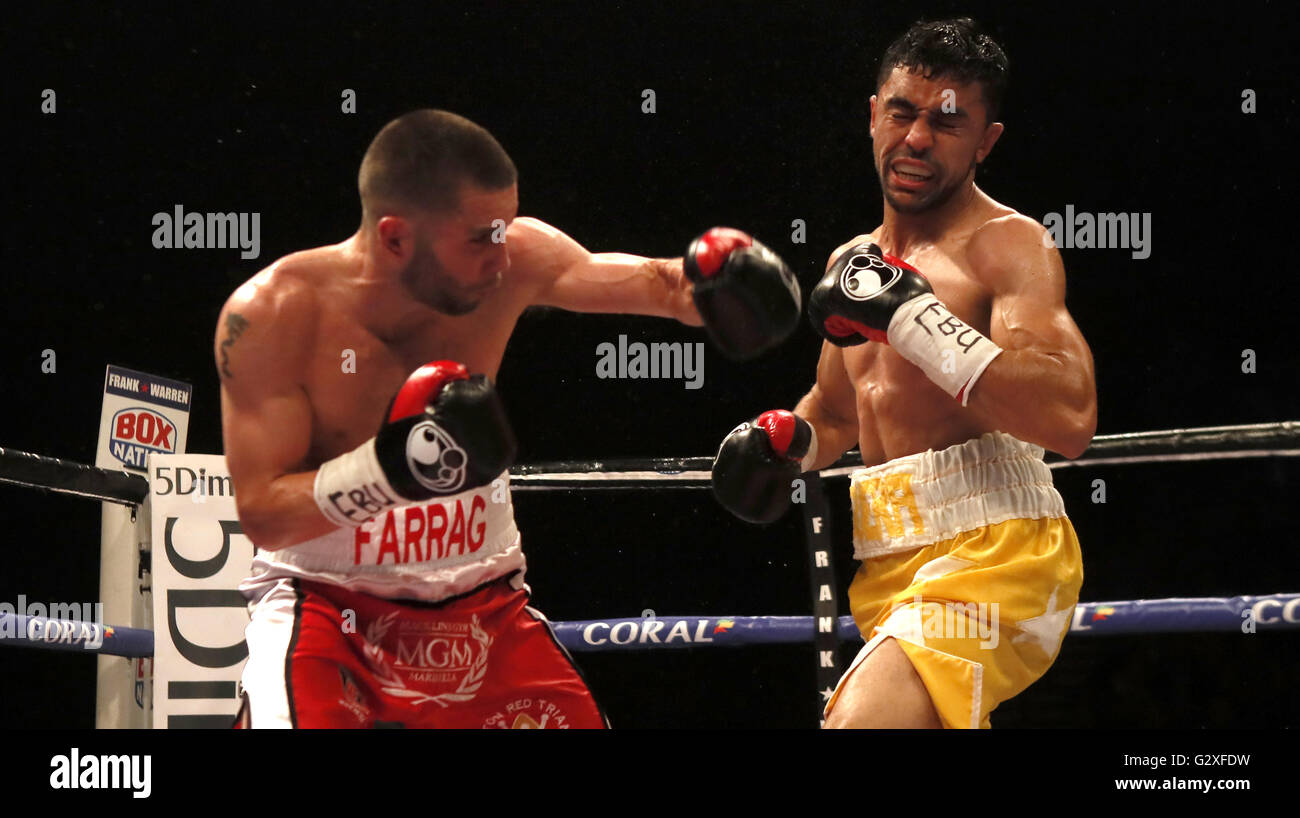 Ryan Farrag (left) fights Karim Guerfi at the Echo Arena, Liverpool ...