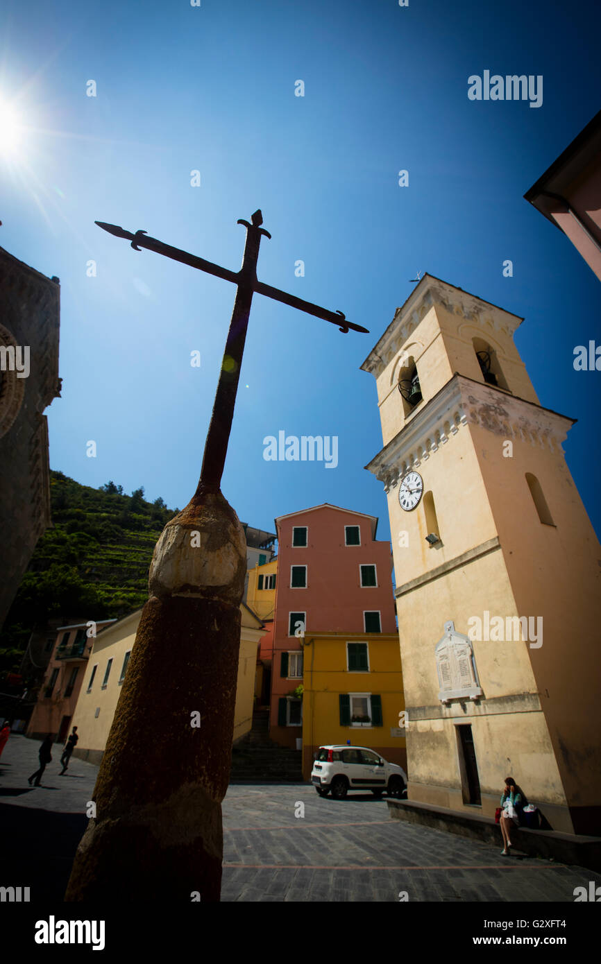 Crucifix outside the church in the hilltop square of Manarola, one of ...
