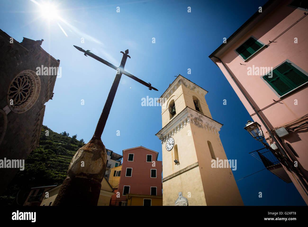 Crucifix outside the church in the hilltop square of Manarola, one of ...