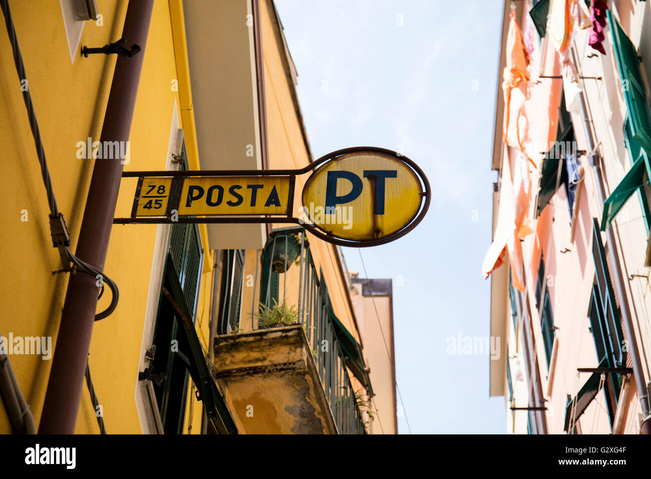 Sign for Italian Postal Service in the historic Cinque Terre village of ...