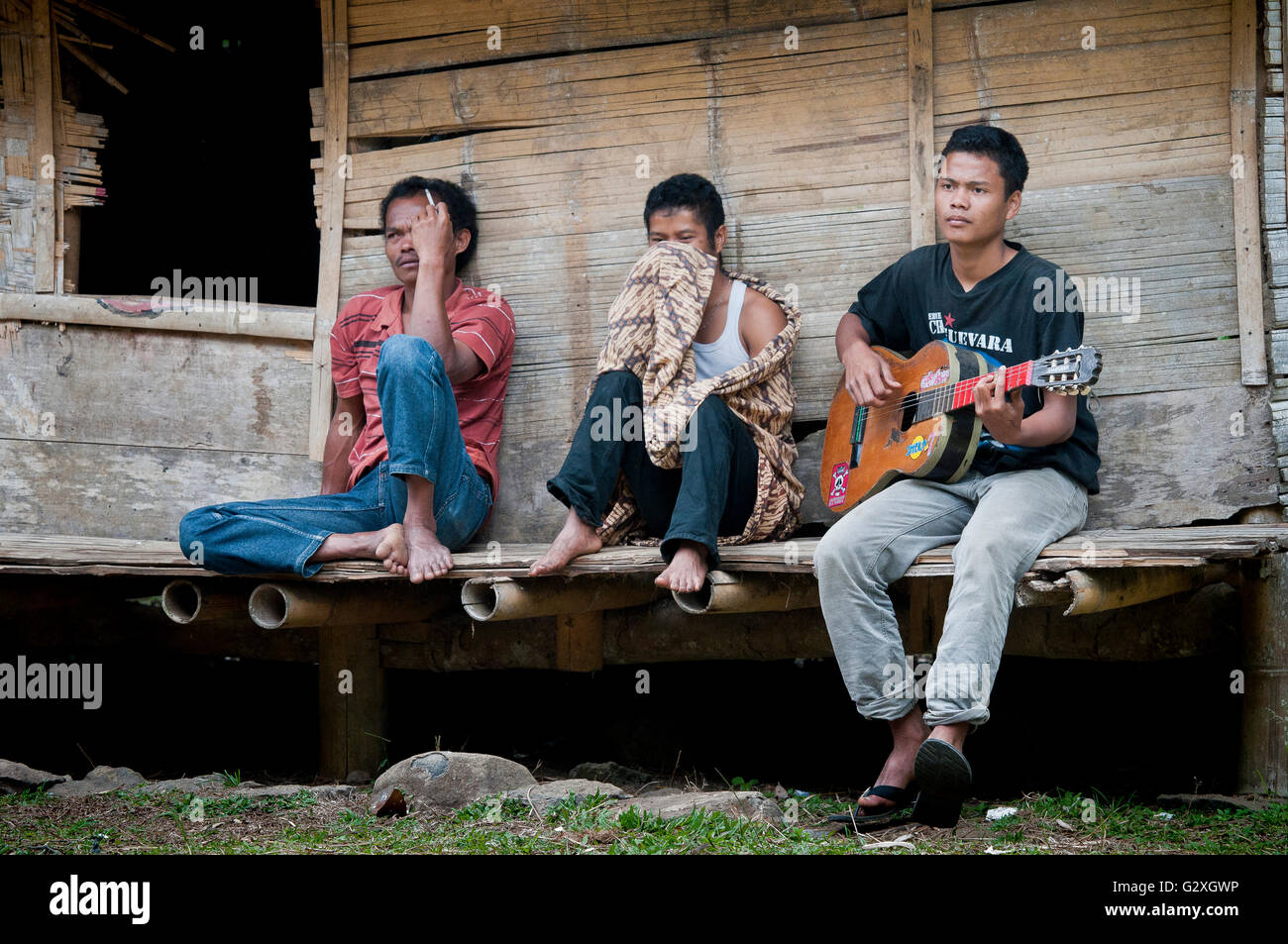 Sulawesi, Toraja Village, Villager Men Playing the guitar Stock Photo ...