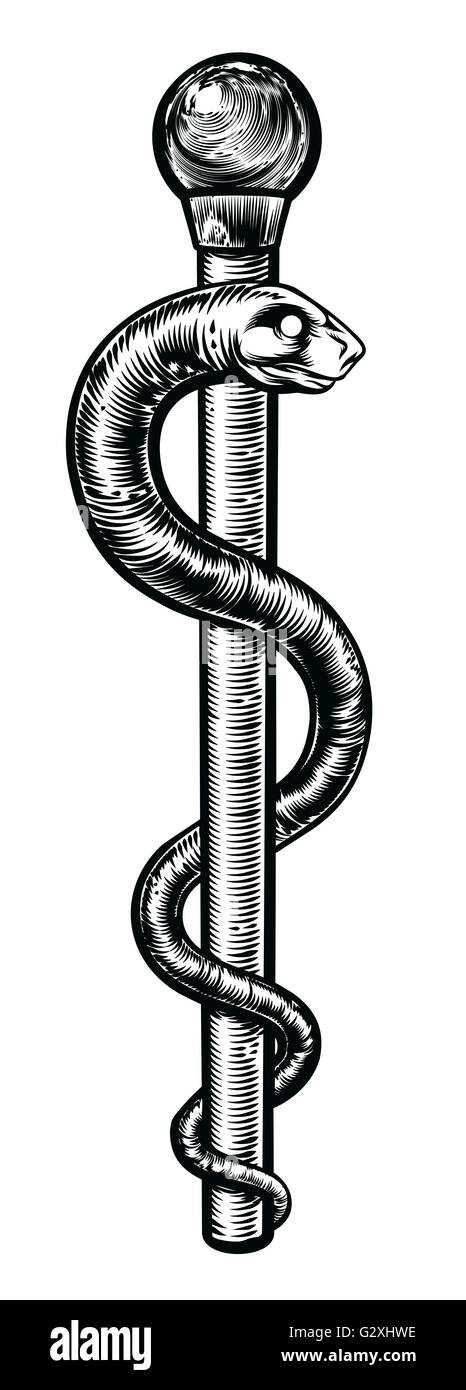 Antique Cane, Walking Stick with Coiled Snake, Rod of Asclepius, Old ...