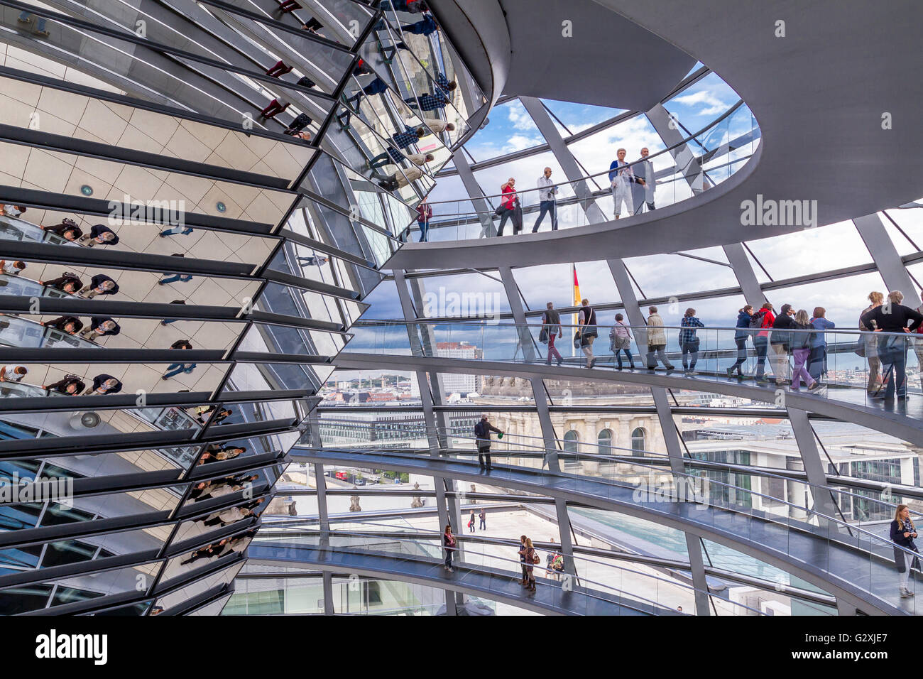 The interior of the glass dome of The Reichstag Building ,which houses ...