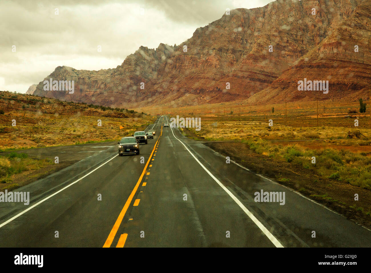 Driving through rain on a highway in Western United States Stock Photo ...