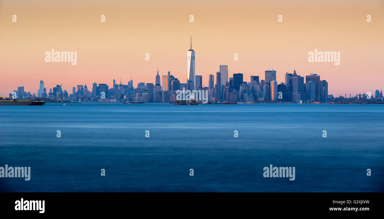 Panoramic Sunset of Lower Manhattan and New York City Harbor with ...