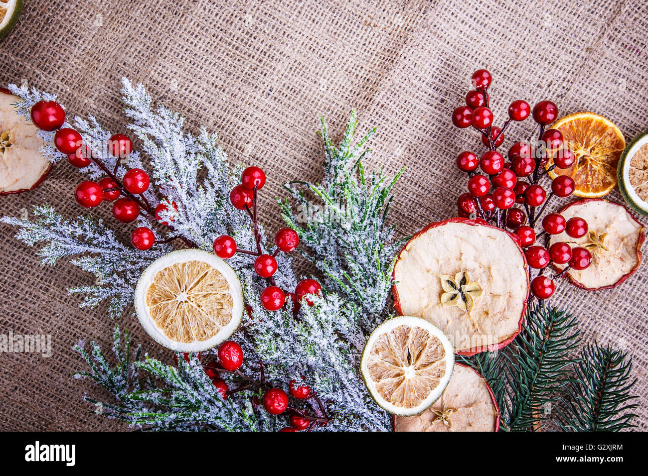 background dried fruit apple Orange burlap viburnum Stock Photo - Alamy