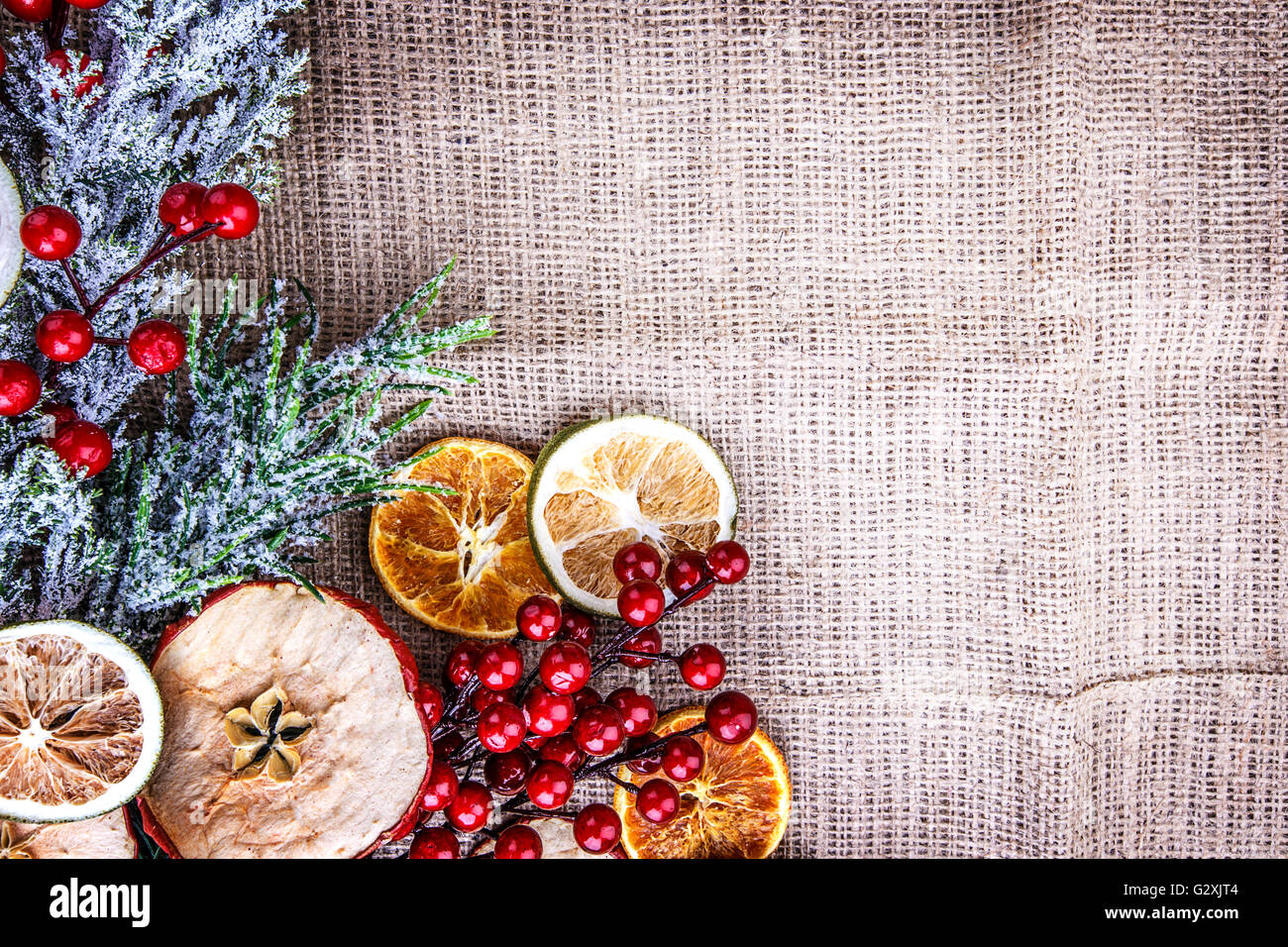 background dried fruit apple Orange burlap viburnum Stock Photo - Alamy